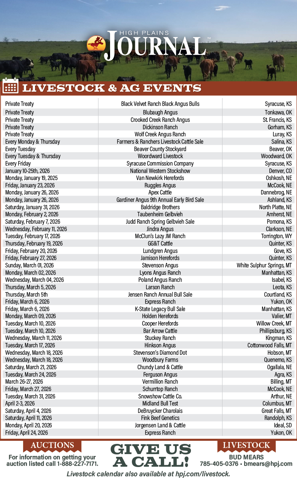 Livestock Calendar January 16 2026 - High Plains Journal